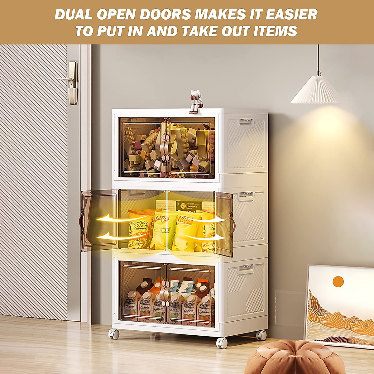 SYNCVIBE Stackable Storage Bins With Lids and Double Doors 3 Pack Plastic Storage Box Collapsible Organizer with Wheels Large Folding Storage Containers for Home Organization (3-pack, 8.4 Gal-white)