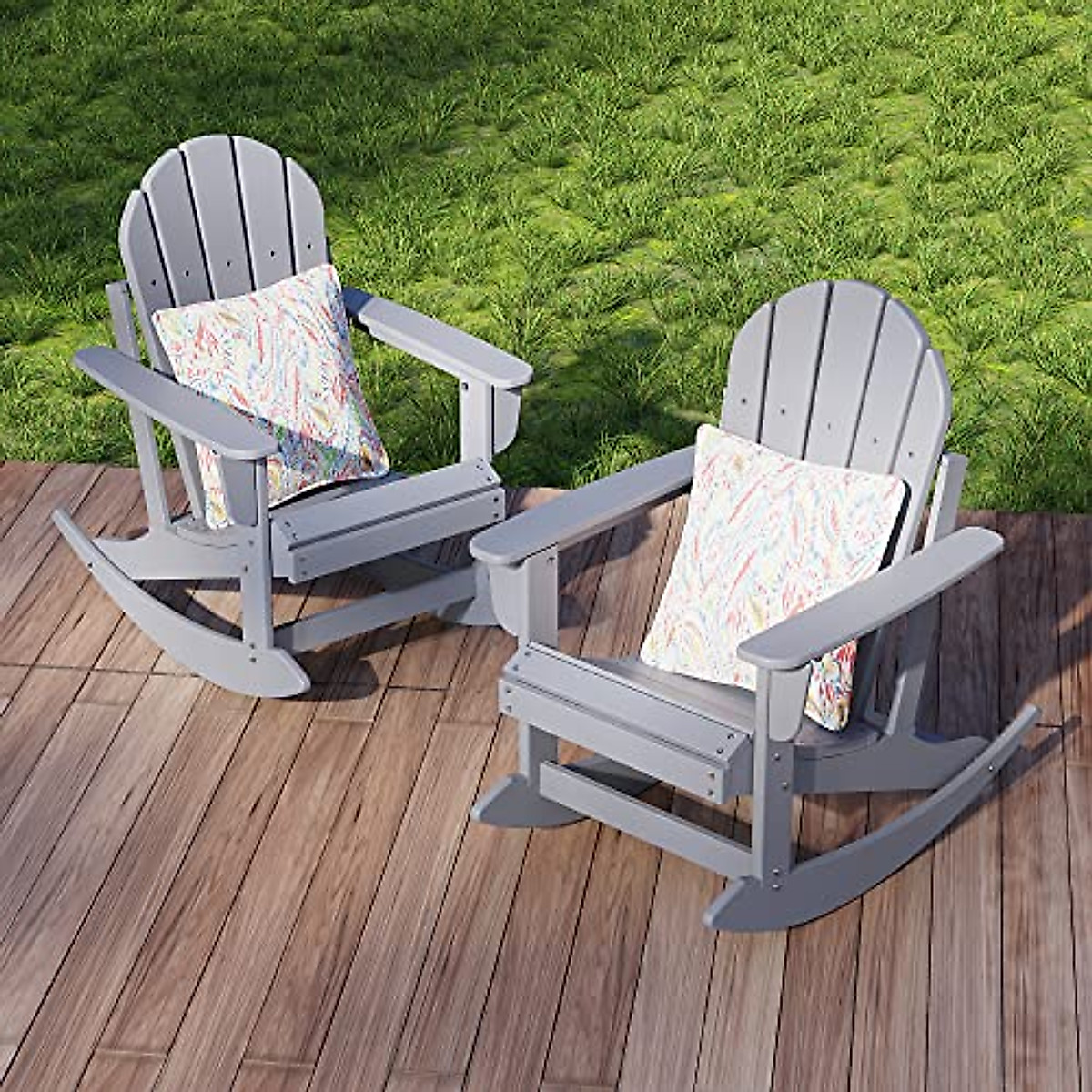 Sundale Outdoor Adirondack Rocking Chair with Pillow/Cushion, Patio Plastic All Weather Adirondack Rocker, Perfect for Outside, Lawn, Garden, Pool, Yard, Grey