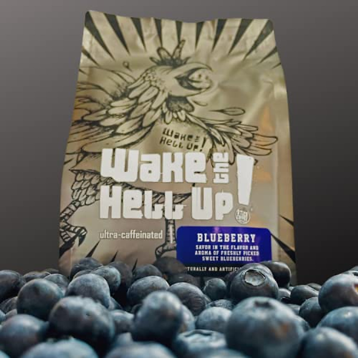 Wake The Hell Up! 12oz Ultra-Caffeinated Blueberry Ground Coffee, Low Acid, Medium-Dark Roast