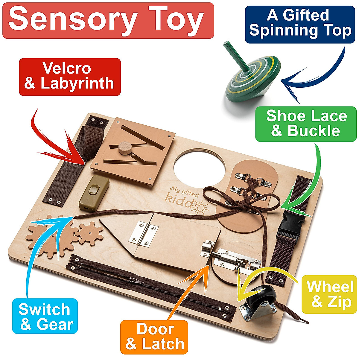 Montessori Busy Board for Toddlers- Wooden Busy Board with Spinning Top - Toddler Activity Board For Fine Motor Skills - Sensory Busy Board For Kids - Travel Educational Preschool Toy