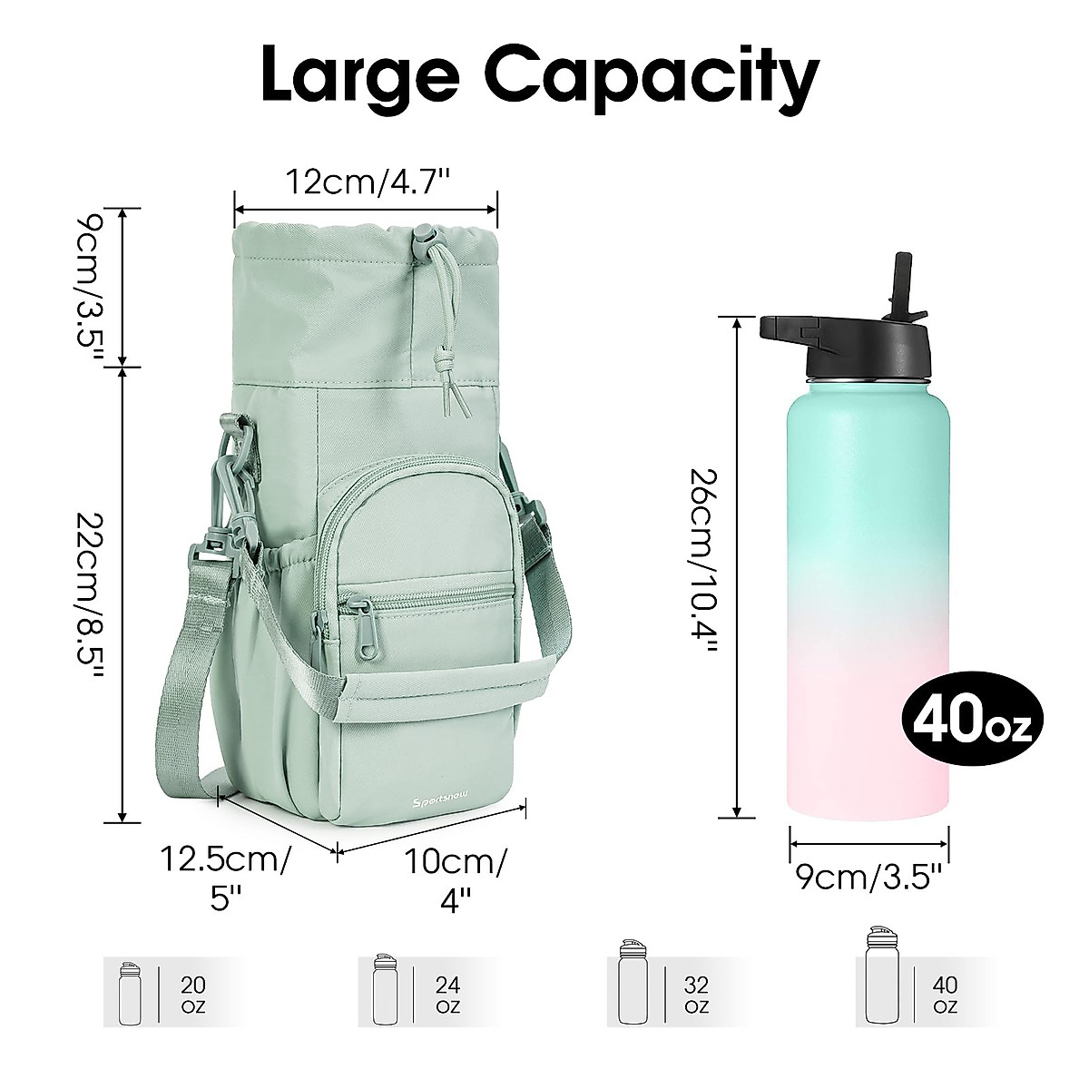 sportsnew Water Bottle Holder with Strap 32oz 40oz Insulated Water Bottle Carrier Sling Bag with Phone Pocket Tumbler Bag Cup Sleeve Crossbody Pouch for Walking Hiking Travelling Carrying, Green