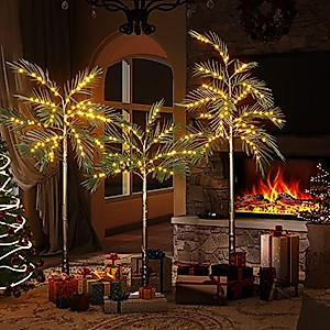 Lamerge Lighted Palm Tree Pack of 3, 4FT 5FT and 6FT Artificial Palm Tree, 69+79+119 LED Lights, Decoration for Outdoor and Indoors Festival Holiday Christmas Patio Pool, Green (Christmas Tree004)
