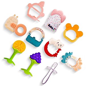 BABY K Baby Teething Toys Set 10 Pcs (Pink) - Teething Mitten for Infants - Freezable Teething Toys for Gum Relief - Sensory Toys for Babies with Soft Nubs - Teething Mittens for Babies 0-6 Months