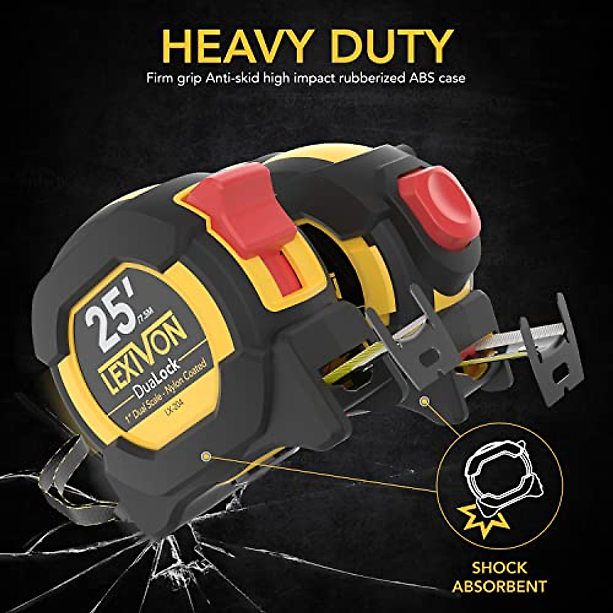 LEXIVON [2-Pack] 25Ft/7.5m Tape Measure, DuaLock & AutoLock | 1-Inch Wide Blade with Nylon Coating, Matt Finish White & Yellow Dual Sided Rule Print | Ft/Inch/Fractions/Metric (LX-204)