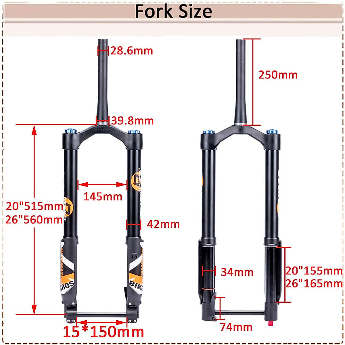 BUCKLOS Fat Tire 5.0 26 inch Air Electric Mountain Bike Inverted Suspension Fork, Thru Axle 15 * 150mm 140 Travel Rebound Adjustment Tapered Front Forks, for Snow Beach E-Bike MTB