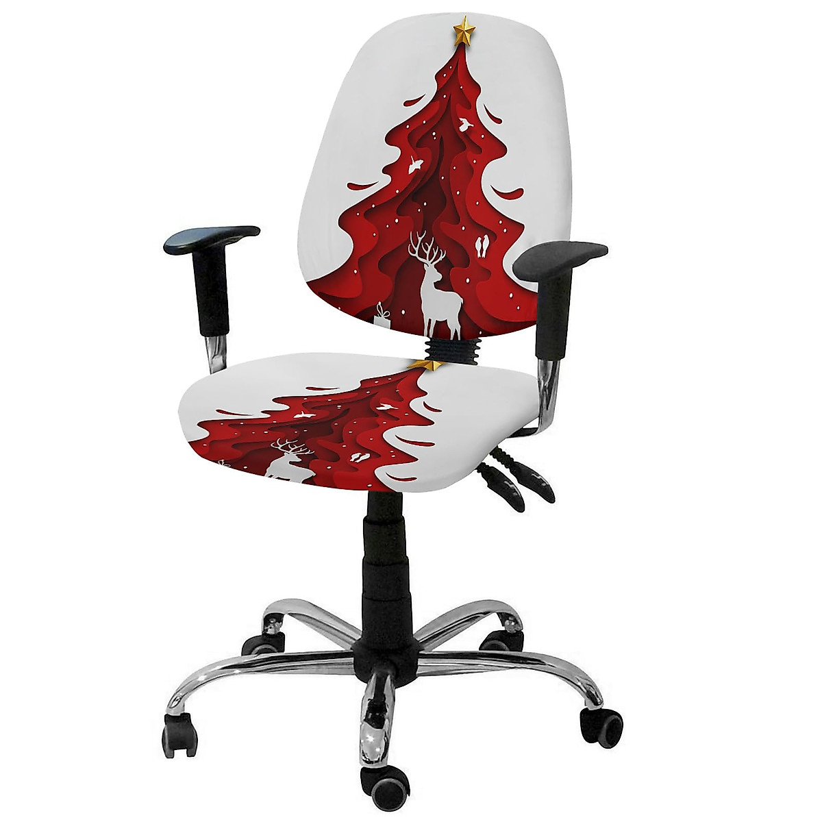 Xmas Tree Office Chair Cover Stretchable Computer Chair Seat Cover Backrest Slipcovers, Stretchable Rotating Desk Chair Seat Cushion Split Protectors Christmas Contemporary Red Deer Star Bird