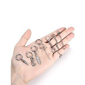 12 Pieces Hoop Dangle Earrings for Men Stainless Steel Hanging Pendant Hinged Hoop Earrings Long Chain Cross Huggie Earrings Fashion Piercing Jewelry Gift for Unisex Men Women (Silver)