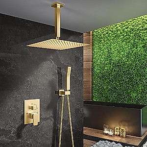 Shower System, HotQing 12 Inches High Pressure Shower Head with Rain Handheld Combo Set, Ceiling Mounted Dual Shower Head System, Bathroom Shower Faucet Set Rough-in Valve Body and Trim Brushed Gold