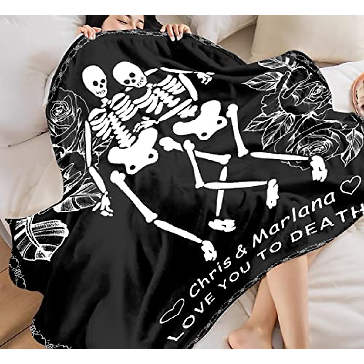 Custom Name Blanket, Personalized Skeleton Flannel Throw Blankets: Love You to Death Blanket, Spooky Skull Blanket, Wedding or Anniversary Present, Halloween Goth Wedding Valentines Day Gift 50"x40"
