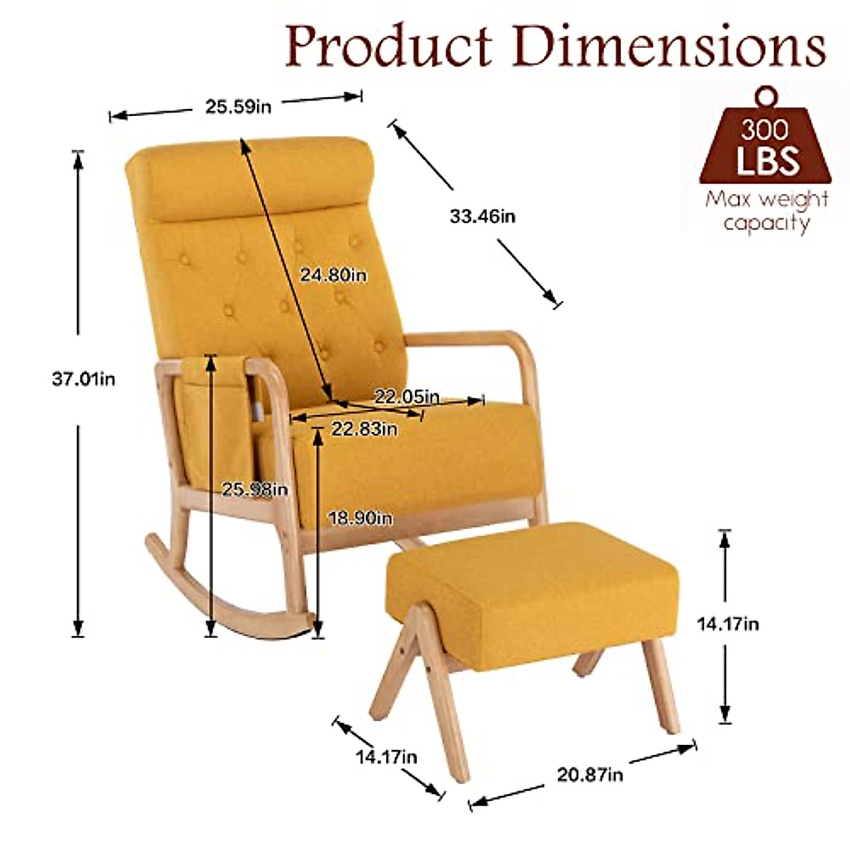 Comfy Rocking Chair with Ottoman, Upholstered Glider Rocker for Baby Nursery, Mid Century Modern Accent Armchair with Side Pocket for Living Room and Bedroom, Yellow Linen