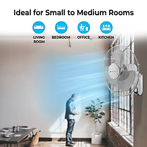 Comfort Zone CZ16W 16” 3-Speed Oscillating Wall-Mount Fan with Adjustable Tilt, Metal Grille, 90-Degree Oscillation, White