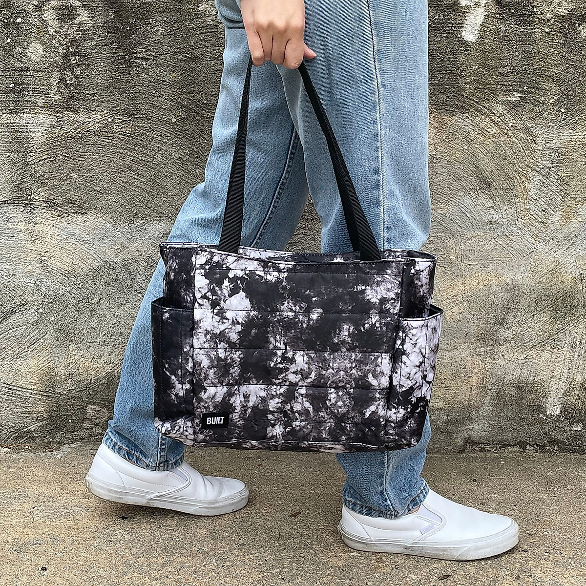 BUILT Puffer Tote Lunch Bag Lightweight, Insulated and Reusable, Black and White Nightfall Tie Dye, 11 Can Capacity