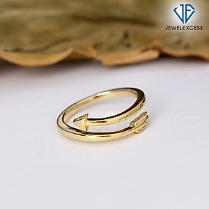 JEWELEXCESS 14k Gold over Silver Arrow Friendship Ring for Women | Dainty 14k Gold over Silver Promise Ring For Women | Silver Open Band Cupid’s Arrow Ring For Women