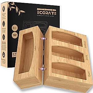 ECORATE 2 Piece Magnetic Bamboo Ziplock Bag Organizer for Drawer, Baggie Organizer and Ziploc Bag Storage Organizer for Gallon, Quart, Sandwich & Snack Bags, Storage Bag Organizer for Kitchen Drawer