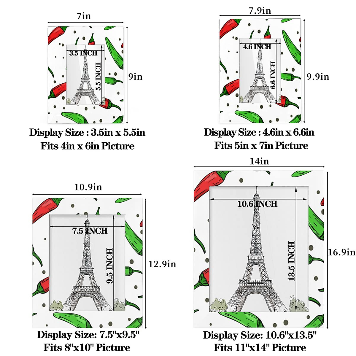 Pardick Chilli Peppers 4x6 Picture Frame, Green Red Chilli Wooden Photo Frames for Tabletop and Wall Display, Picture Frame Home Office Decor