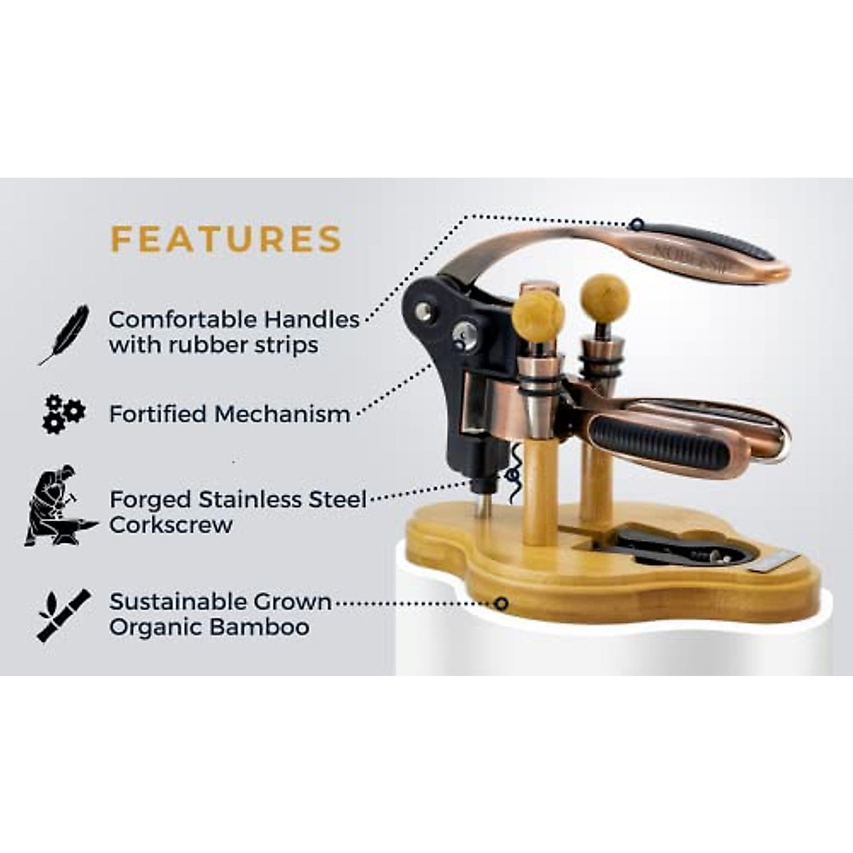 Wine Opener Set with Wooden Stand "NOBLESIP" [2023 Upgraded] 6 Pcs Kit: Foil Cutter, 2 Bottle Stoppers, Extra Corkscrew, Base & Designer Gift Box. Connoisseur Choice, Easily Removes all Corks (Bronze)