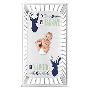 Sweet Jojo Designs Woodland Deer Boy Fitted Crib Sheet Baby or Toddler Bed Nursery Photo Op - Navy Blue, Mint and Grey Woodsy Arrow Be Brave Be Strong