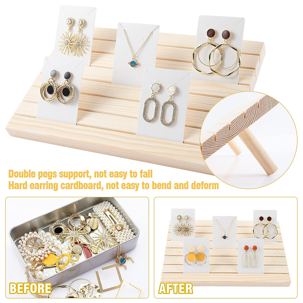 Wooden Earring Display Stand - Portable Holder with 2 Detachable Pegs + 200pcs Cardboard for Selling Earrings & Jewelry Show Business Card Holder (Wood Color)