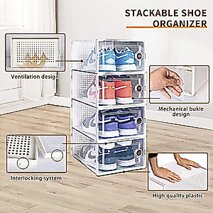Shoe Storage Box 12 Pack Clear Plastic Foldable Shoe Rack Bin Sneaker Container Stackable Shoe Shelf Case Shoes Organizer for Closet Organizador de Zapatos (12boxes white medium)