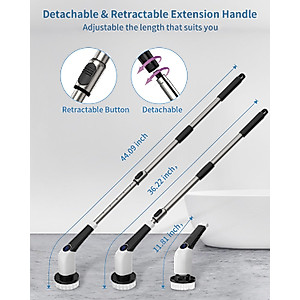 Electric Spin Scrubber, Cordless Shower Cleaning Brush with 8 Replaceable Brush Heads, 3 Adjustable Speeds, Detachable & Extendable Long Handle Scrubber for Bathroom Floor Tile, Voice Broadcast