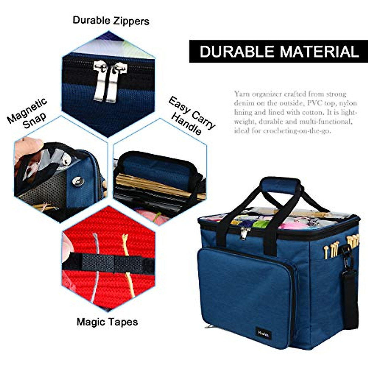 Hoshin Knitting Bag for Yarn Storage, High Capacity Yarn Totes Organizer with Inner Divider Portable for Carrying Project, Knitting Needles(up to 14”), Crochet Hooks, Skeins of Yarn (Navy)
