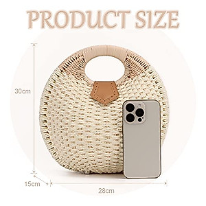 Ynport Straw Purses for Women Summer Beach Rattan Tote Bag Round Handle Ring Handbag Retro Handmade Woven Shell Bag