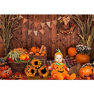 Funnytree 7x5ft Fall Thanksgiving Photography Backdrop Rustic Wooden Floor Barn Harvest Background Autumn Pumpkins Maple Leaves Sunflower Baby Portrait Party Decoration Photo Studio Booth Props