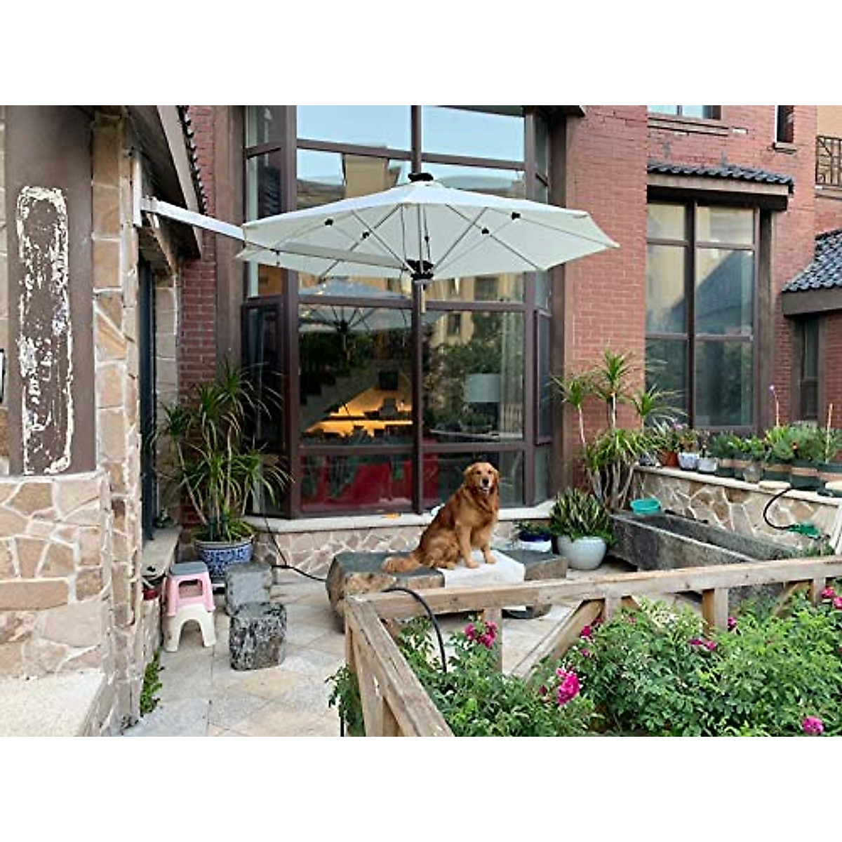 ROLTIN Parasol Garden Umbrella 250cm Wall Solar LED Lights and Metal Pole - Garden tilt Adjustment Sun Shade Umbrella