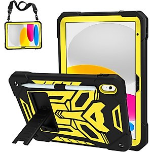 HOGENL for iPad 10th Generation Case, for iPad 10.9 Inch Case for Kids with Pencil Holder Kickstand Shoulder Strap Heavy Duty Shockproof Full Body Protective Cover for iPad 10th 2022 (Black+Gold)
