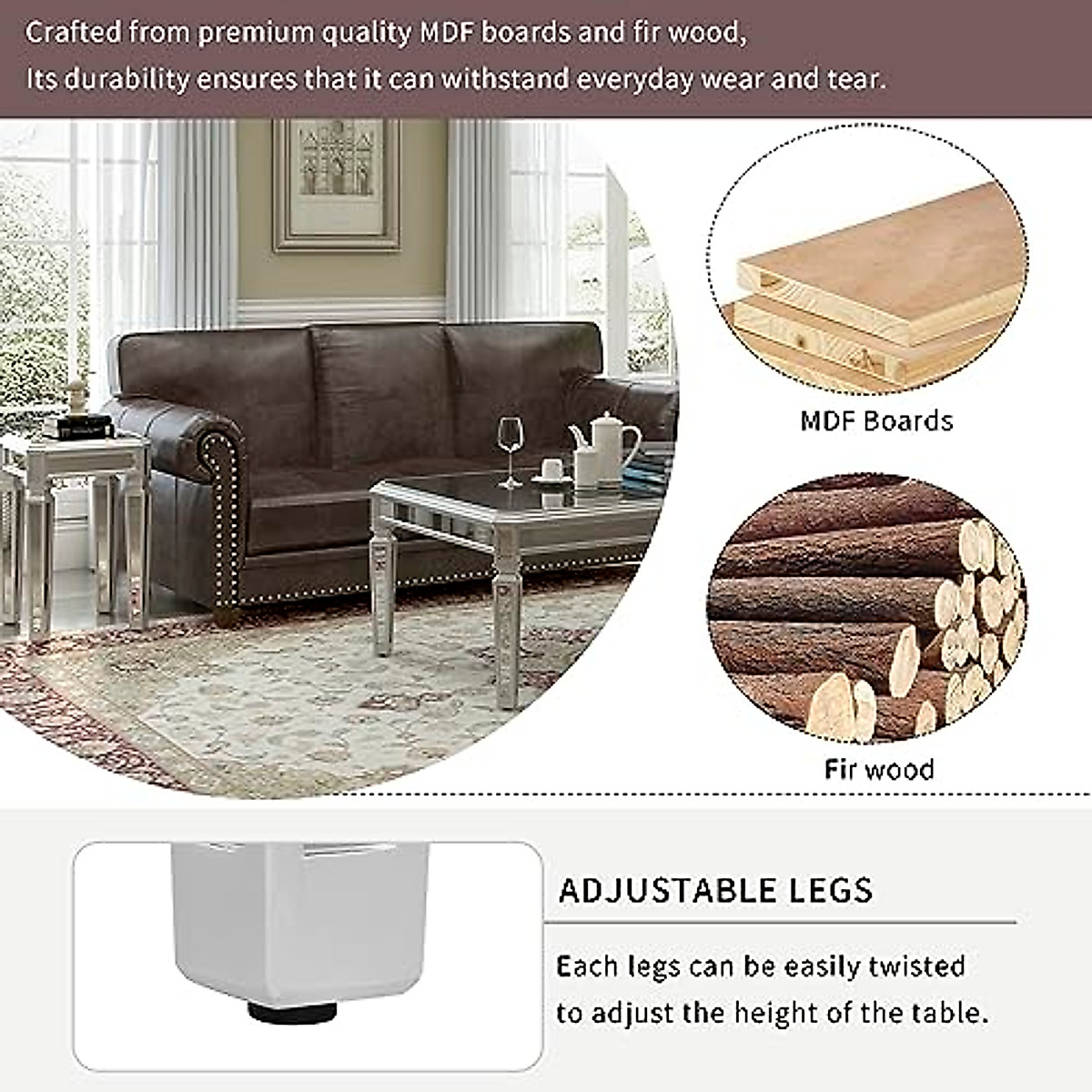 3-Piece Coffee table and End Tables Set,Glass Mirrored Coffee Table with Adjustable Height Legs and Crystal Design,Fashionable Cocktail Table,Easy Assembly Rectangular Glass Coffee Table,Silver