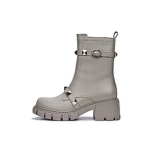 Cape Robbin Yuri Grey Gold Embellished Buckle Strap Block Chunky Heel Moto Boots (Grey Gold, 8)