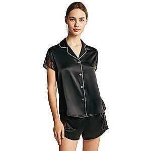 AW BRIDAL Black Pajamas Set for Women Satin Bridal Pajamas for Bride Bridesmaid Silk Button Down Pjs Set 2 Pieces, Black L