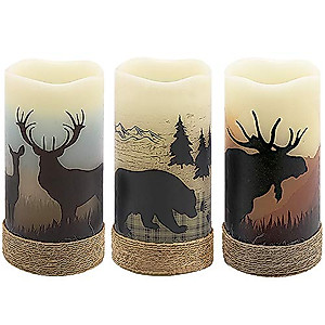 GenSwin Flameless Flickering Led Candles with Hemp Rope and 6H Timer, Battery Operated Set of 3 Real Wax Pillar Rustic Candles Warm Light with Deer, Moose, Bear Decals Decor Christmas Home(D3 x H6)
