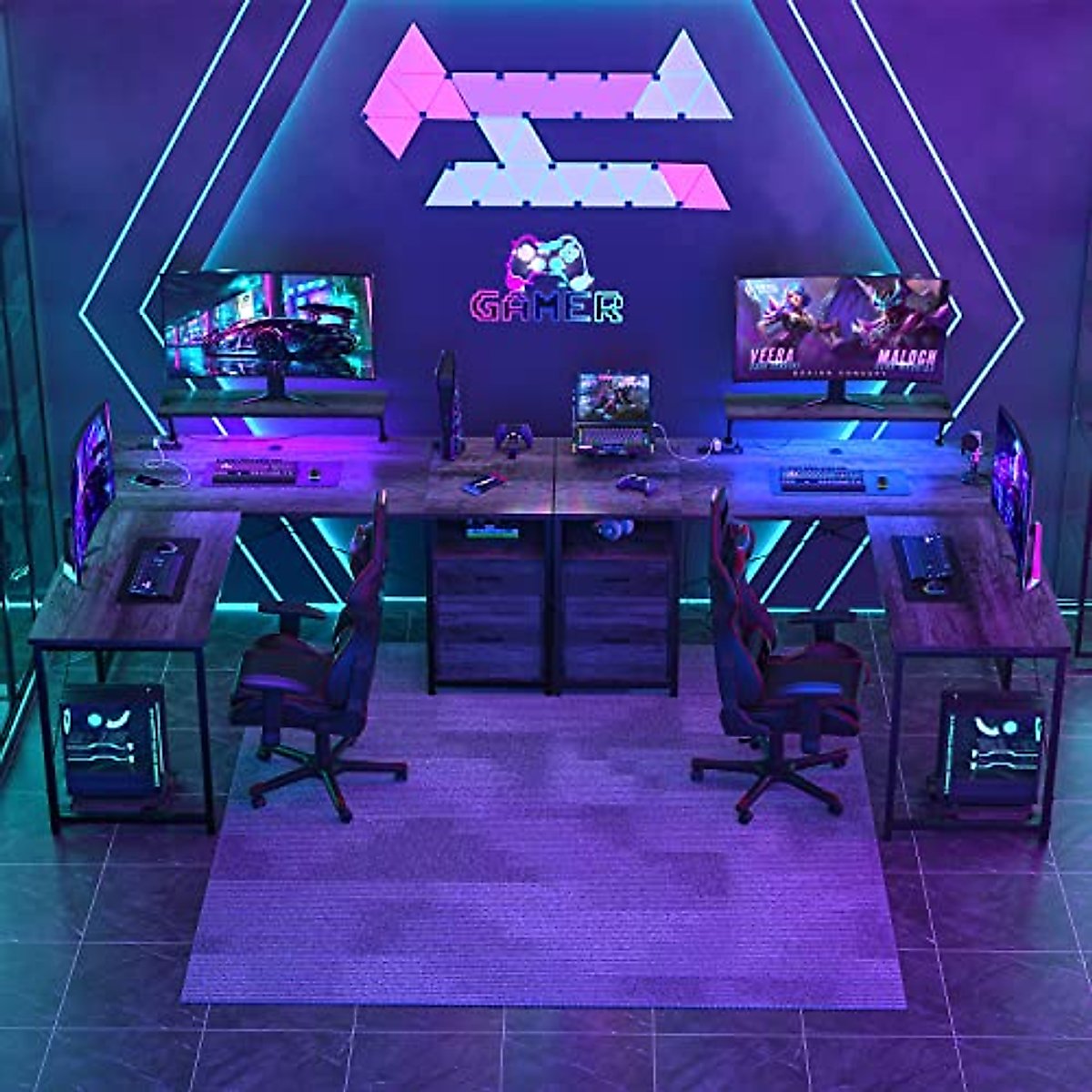 Unikito L-Shaped Desk with Power Outlet and LED Strip, L Shaped Computer Corner Desk with Reversible File Drawer and Monitor Stand, Gaming Table Writing Desk for Home Office Workstation, Black Oak