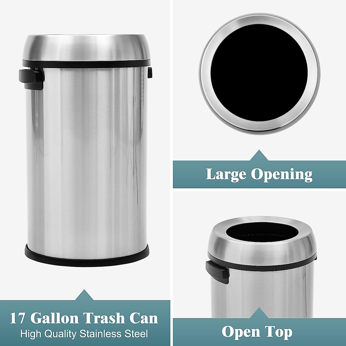 WELYFE 17 Gallon Open Top Trash Can, Round Stainless Steel Trash Can, Commercial Trash Can, 65 L(Open Top), Silver
