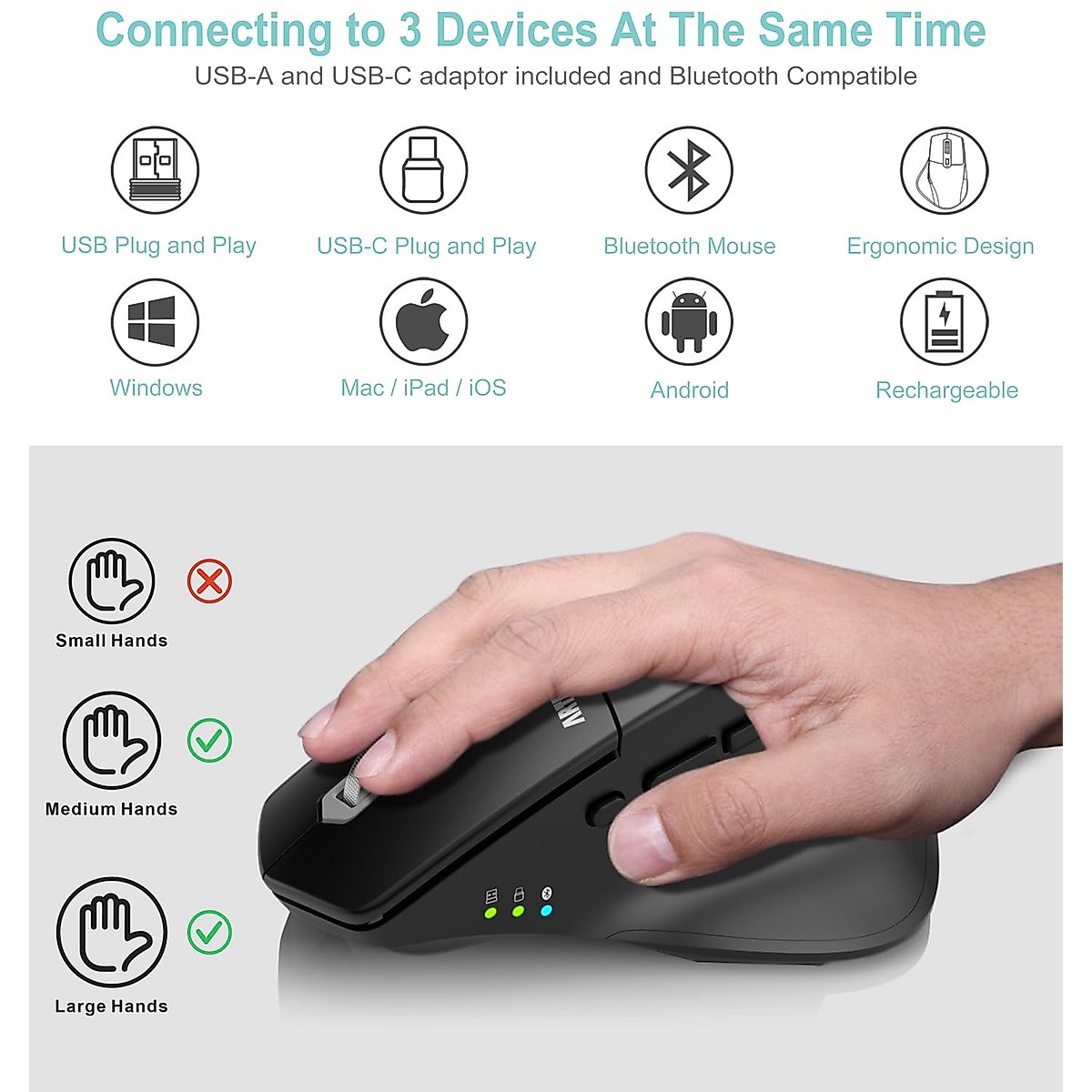 Arteck Multi-Device Wireless Bluetooth Mouse with Nano USB-A, USB-C Receiver Ergonomic Right Hand Silent Clicking Rechargeable Mouse for Computer Desktop PC Laptop Mac iPad and Windows 11/10 iPad OS