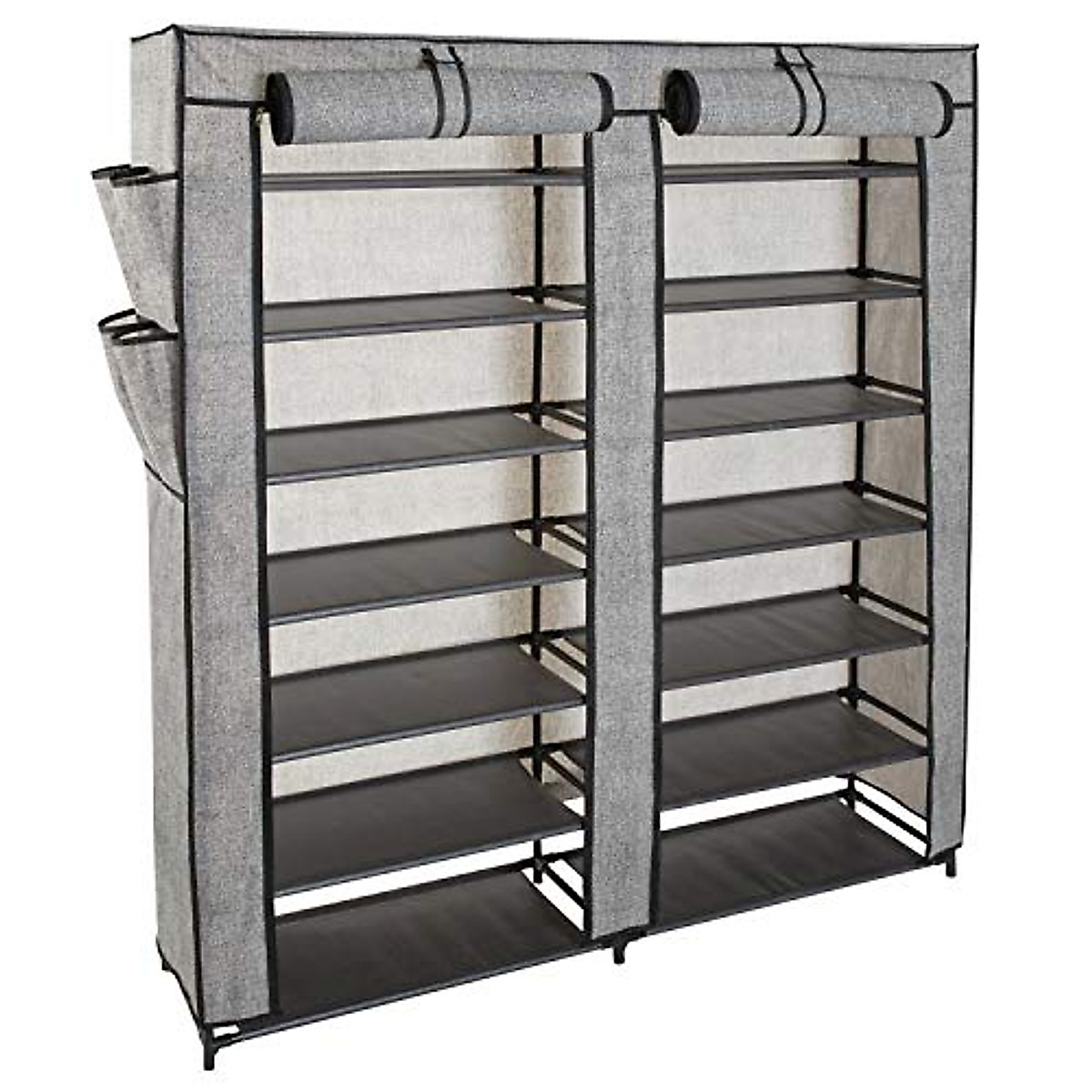 Simplify 7 Tier Double Wide 14 Shelf Shoe Storage Closet Organizer Rack with Cover and Side Pockets, Freestanding, Holds 42 Pairs, Good for Sneakers, Flats, Heels & Boots, Black