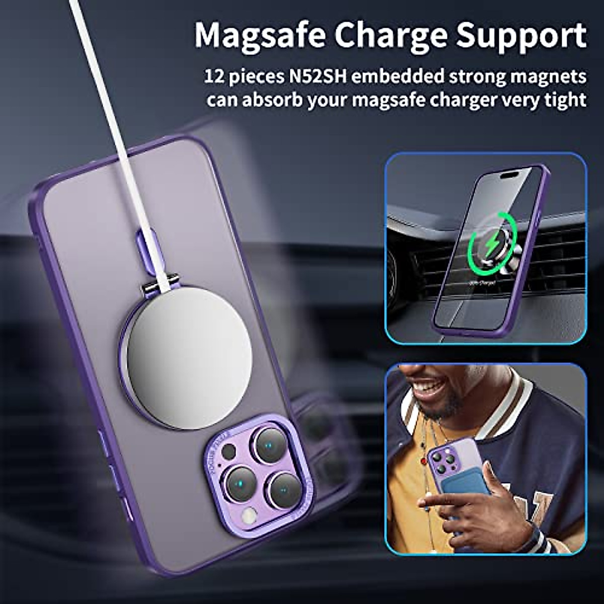 niufoey for iPhone 14 Pro Case with Magnetic Invisible Stand [Compatible with Magsafe] Shockproof Slim Translucent Matte Cases for iPhone 14 Pro 6.1 Inch,Deep Purple