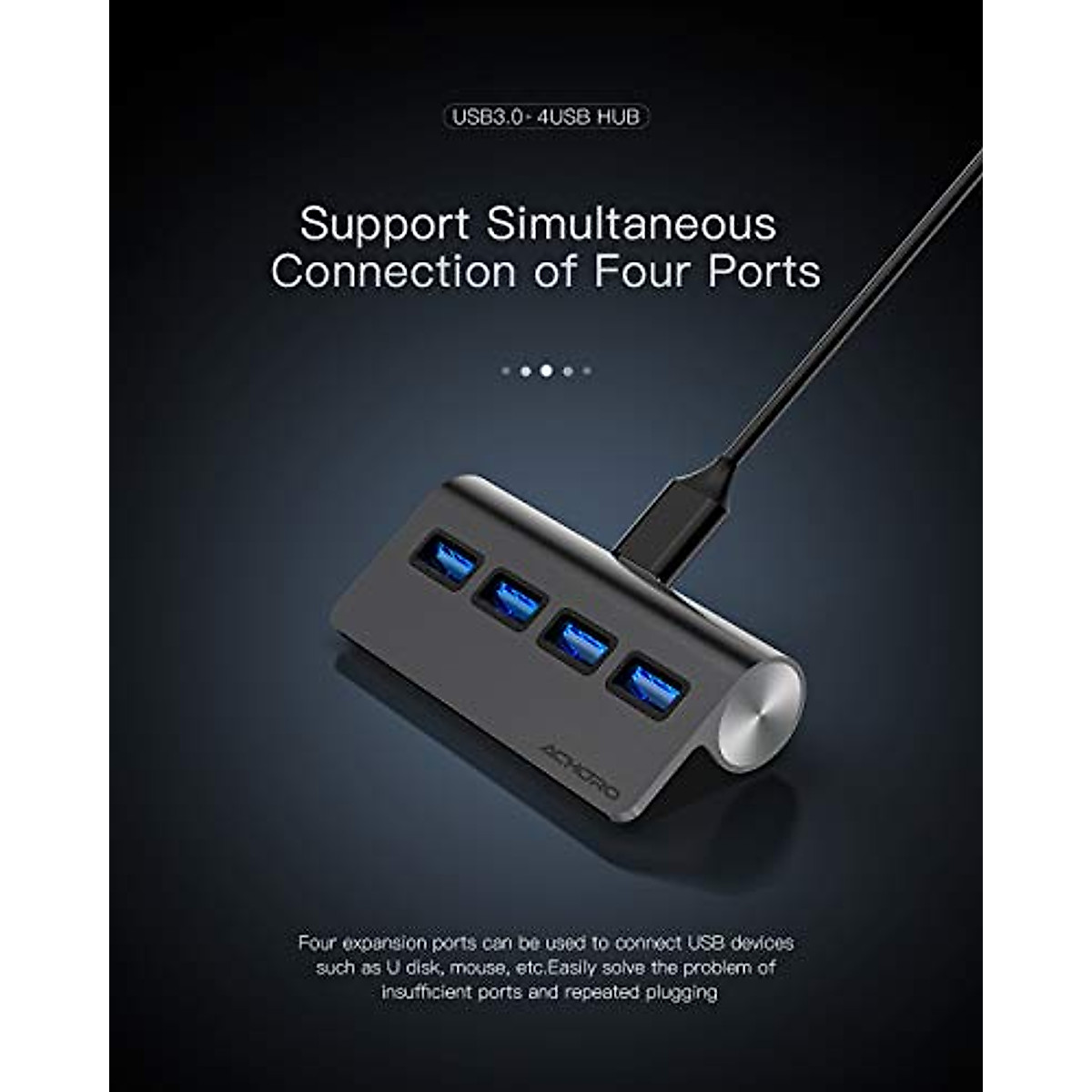 Achoro Premium Quality Computer USB Port Expander – 4 Ports Portable USB Hub - Compatible with MacBook, Windows, iMac, Hard Drive, and PC – High-Speed 3.0 USB HUB (Space Grey)