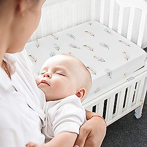 LifeTree Soft Fitted Crib Sheet - Feather Print Premium Cotton Unisex Toddler Bed Sheets for Baby Girls or Baby Boys - Fits Standard Crib Mattress