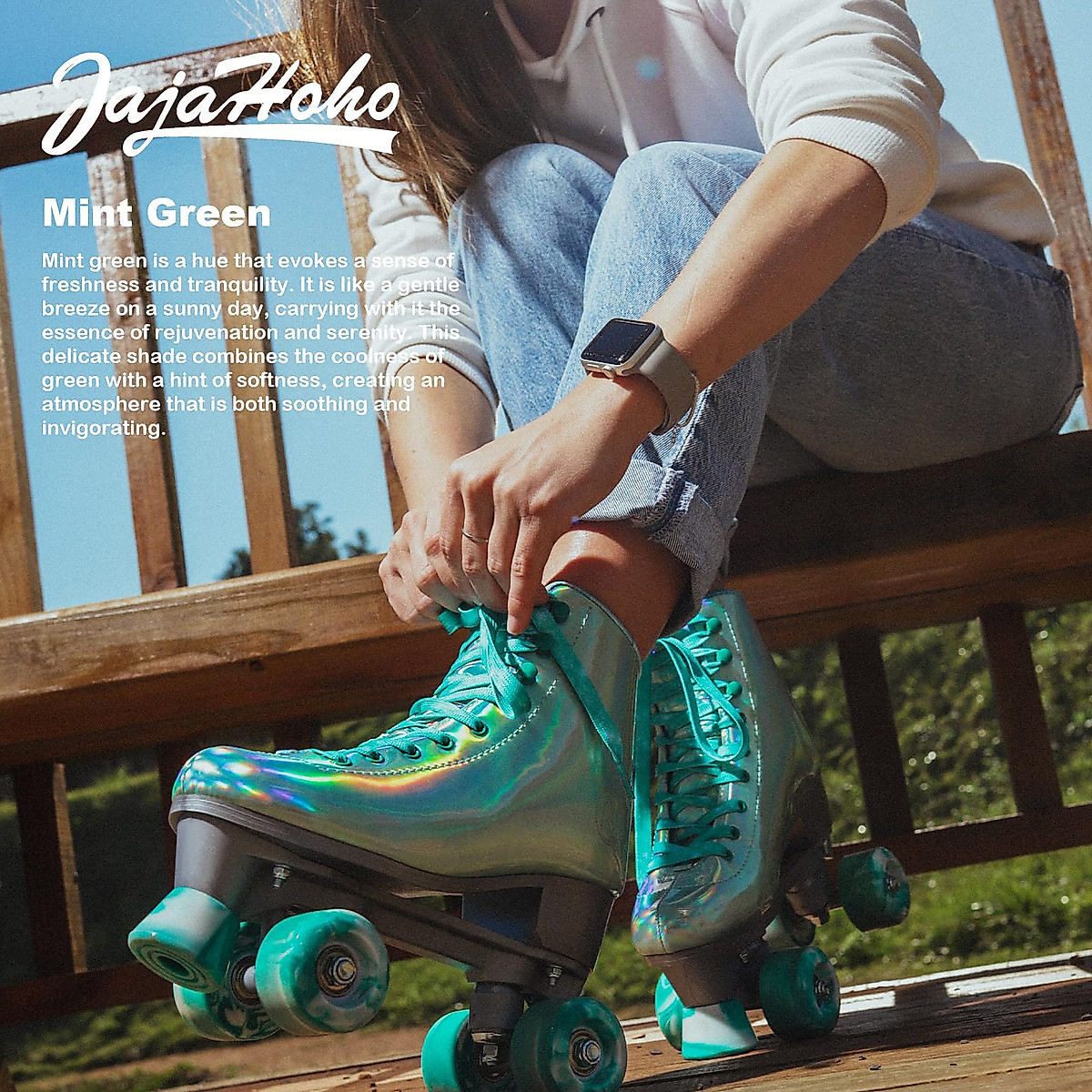 JajaHoho Roller Skates for Women, Shiny Holographic High Top Rollerskates, Double-Row Four Mixture Gradient Wheels Quad Skates for Girls Age 8-50 Indoor Outdoor (Size 3, Mint Green)