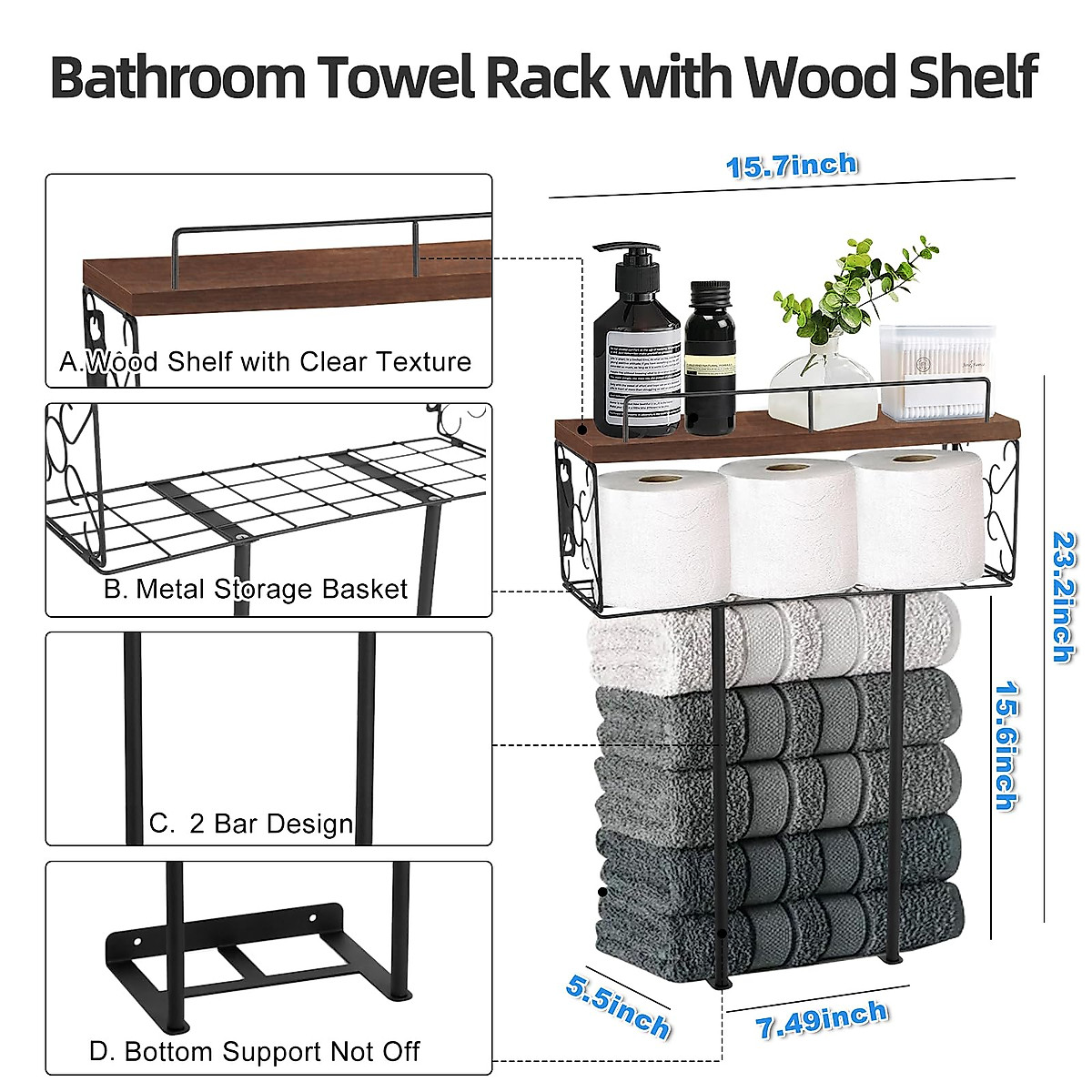 Towel Racks for Bathroom,Wall Mount Towel Holder with Natural Wood Shelf, Floating Shelves with Wire Basket, Towel Storage for 4 Rolled Towels, Space Saver, Multiple Storage, Rustic Wall Shelf Decor
