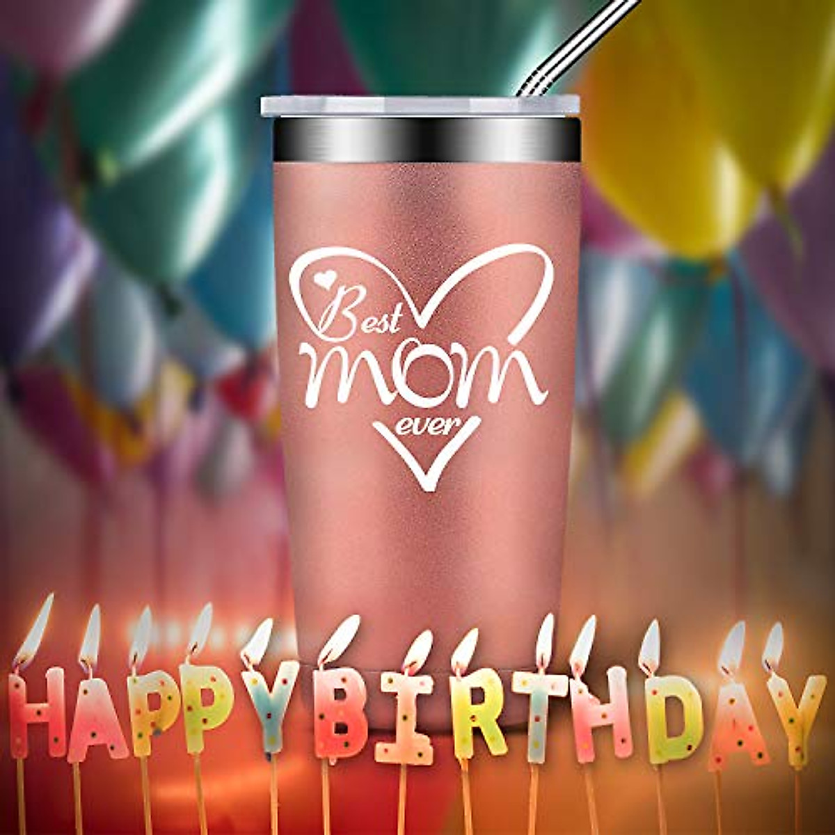 AMIGOO Best Mom Ever - Stainless Steel Mug Tumbler with Lid and Straw, Insulated Travel Coffee Cup Mothers Birthday Gifts for Her Mom Women Ladies (20 oz, Rose Gold)