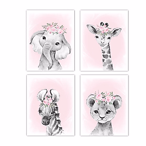 Baby Girl Nursery Wall Art Pink Floral Crown Safari Animals Elephant Giraffe Lion Zebra Decor 4 UNFRAMED PRINTS