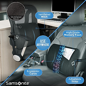 SAMSONITE - Lumbar Support Pillow For Office Chair And Car Seat, Memory Foam, Versatile Use Lower Back Cushion
