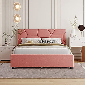 DNYN Full Size Upholstered Platform Bed with Storage for Kids,Adult Bedroom,Solid Wood Bedframe Linen Fabric Home Furniute w/4 Drawers & Brick Pattern Heardboard & No Box Spring Needed, Pink