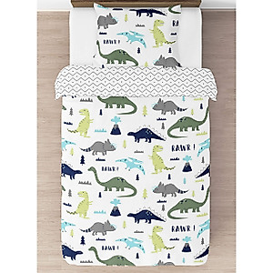 Navy Blue and Green Modern Dinosaur Boys or Girls 4 Piece Kids Teen Twin Bedding Set Collection