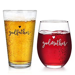DAZLUTE Godparents Proposal Gift, Godfather Beer Glass Godmother Stemless Wine Glass for Godmother Godfather Mothers Day Fathers Day Christmas Birthday, Baptism Gift for Godparents from Godchild, 17oz