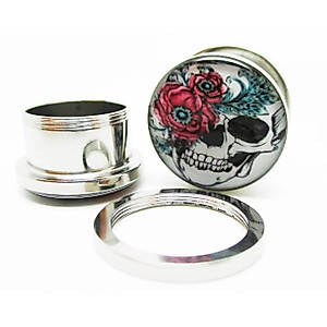 Pierced Republic Flower & Skull Stainless Steel Ear Plugs - Screw on - New *Pair* (0 Gauge (8mm))