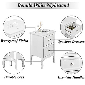 Bonnlo White Nightstand with 2 Drawers, Farmhouse Night Stands for Bedrooms Set of 2, Small Bed Side Table/Night Stand for Small Spaces, College Dorm, Kids’ Room, Living Room, 16W x 12D x 24H